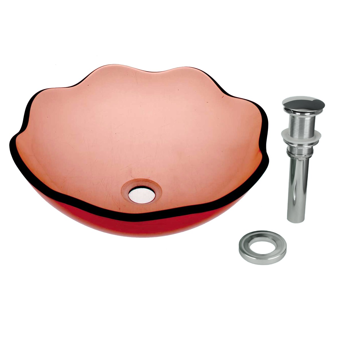 Red Tempered Glass Sink with Drain, 8 Petal Shape Single Layer Bowl Sink