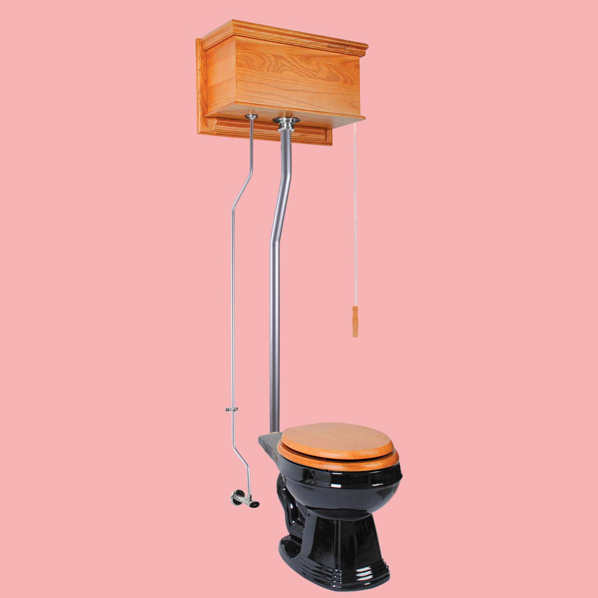 Light Oak Flat High Tank Pull Chain Toilet with Black Round Bowl ...