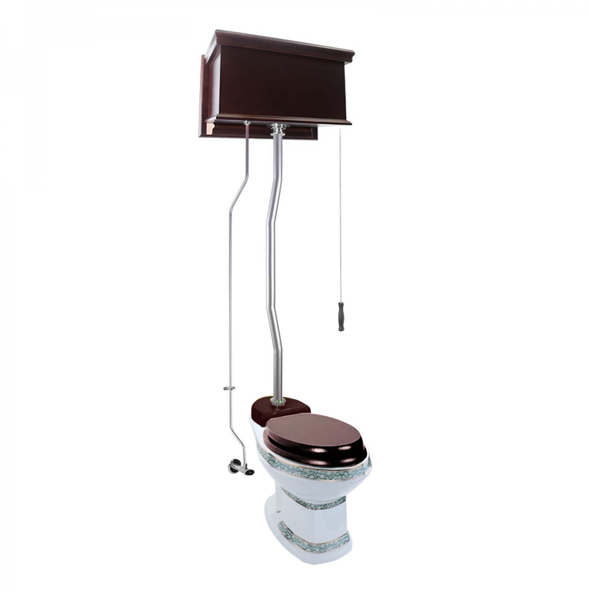 Dark Oak High Tank Toilet with White Elongated Bowl and Chrome Z-