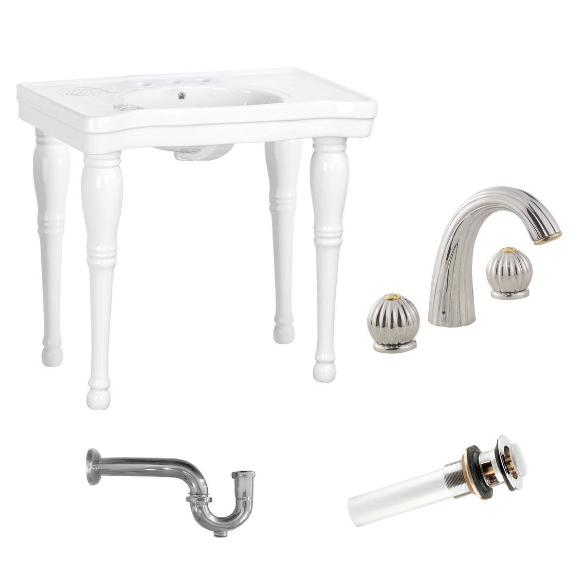White Console Sink Belle Epoque 4 Spindle legs, Faucet, Drain & P-trap ...